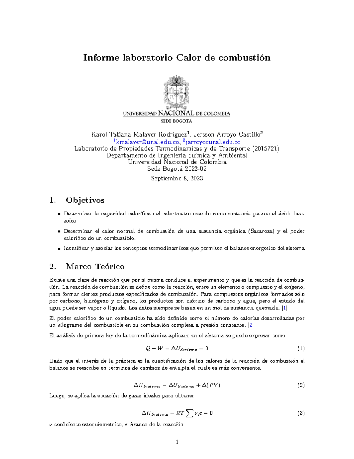 Informe Laboratorio Calor De Combustión Informe Laboratorio Calor De