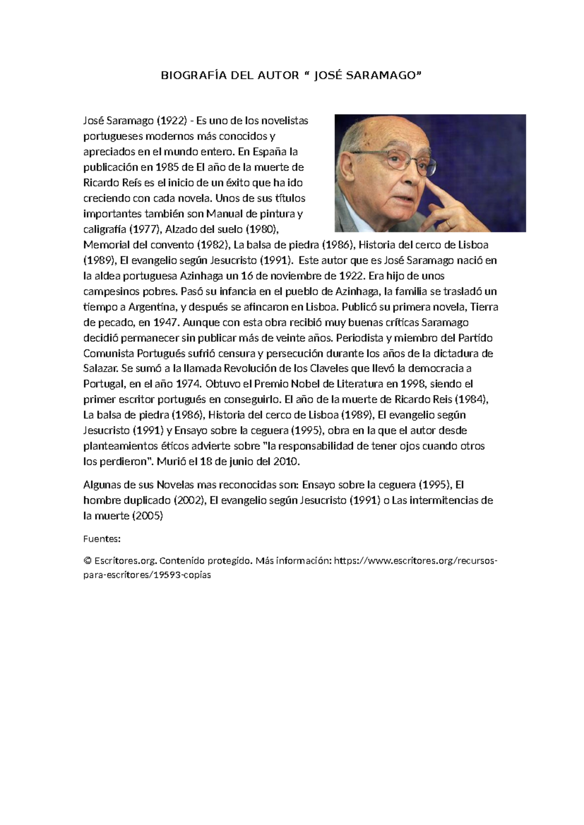Biografía DEL Autor - Biografia - BIOGRAFÍA DEL AUTOR “ JOSÉ SARAMAGO ...