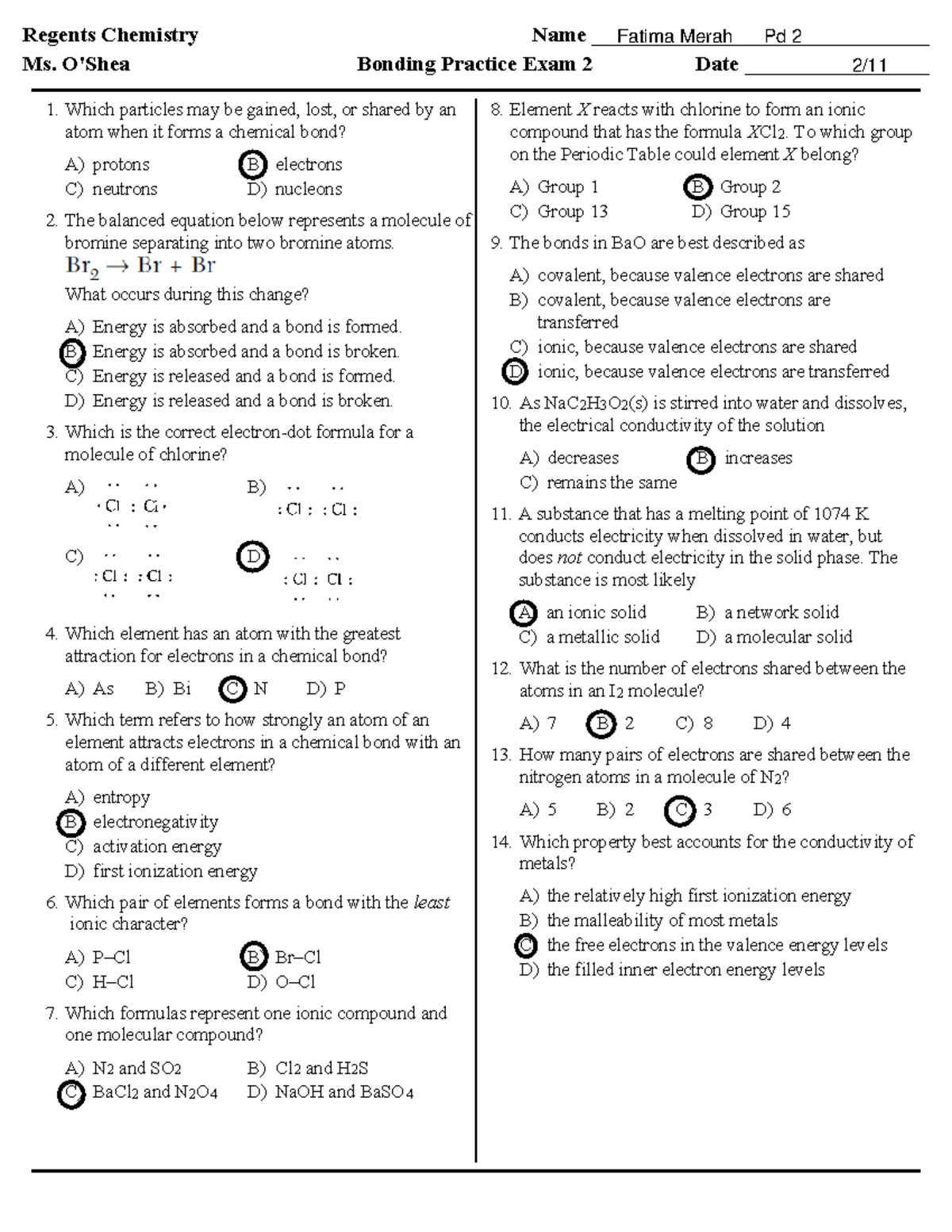 Bonding Practice Exam 2 (1) - Regents Chemistry Name ...