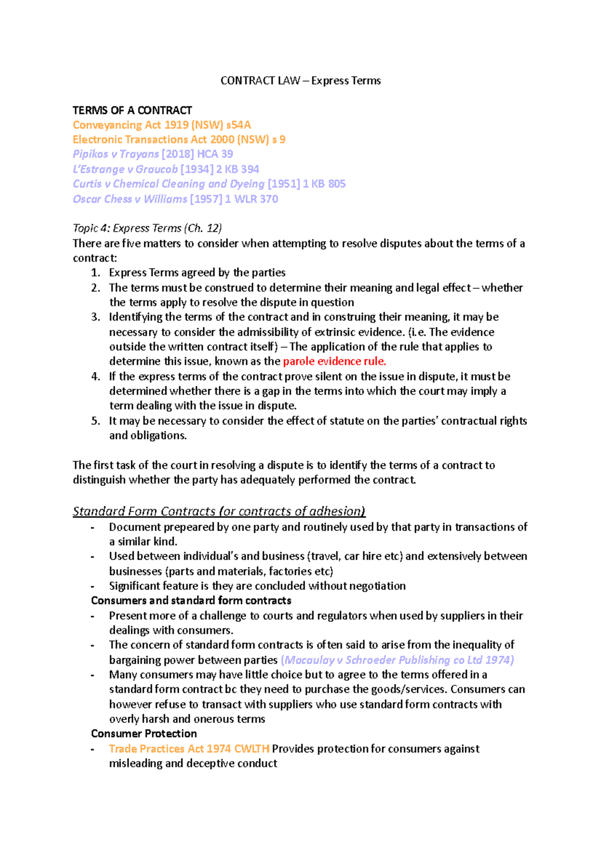 Contract LAW notes - Topic 4 express terms - CONTRACT LAW – Express ...