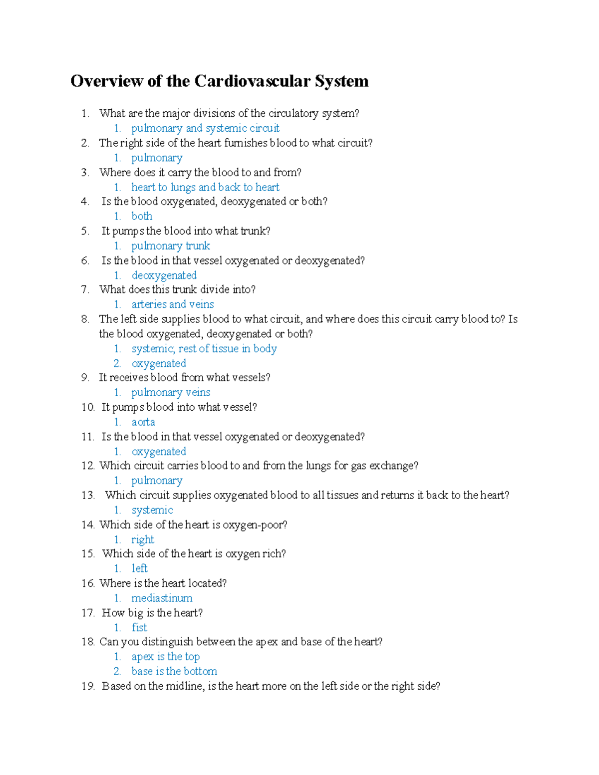 Chapter 19 study guide - Overview of the Cardiovascular System What are ...