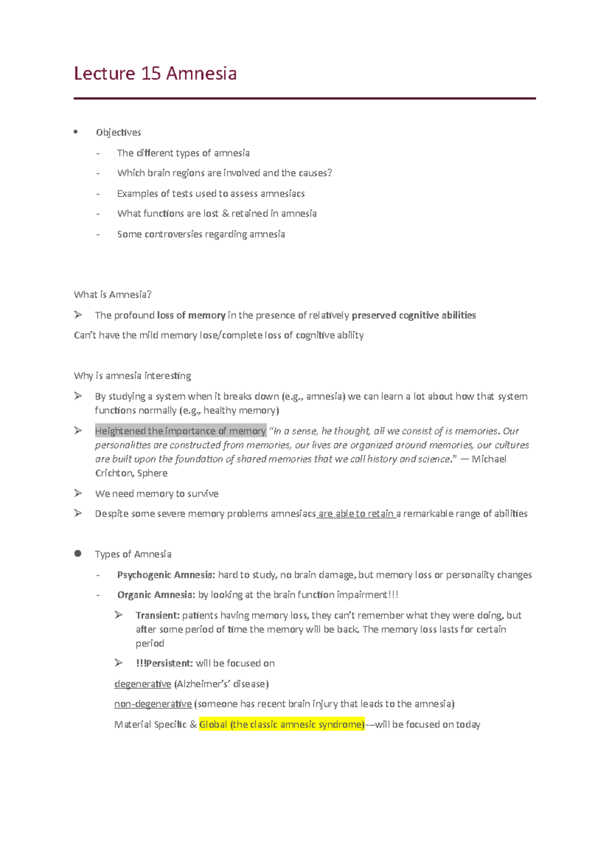 Lecture 15 Amnesia Lecture Memory System Lecture 15 Amnesia Objectives The Different Types