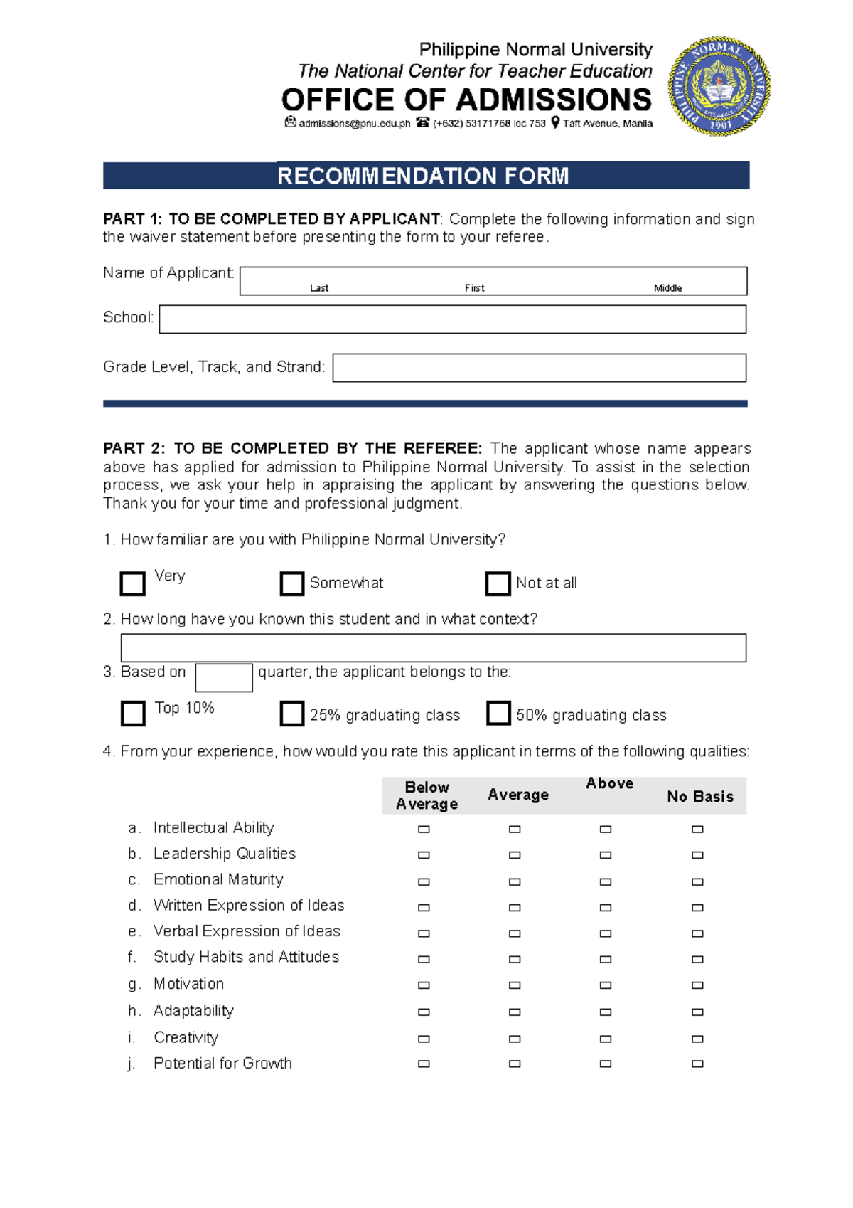 PNU Recommendation FORM - RECOMMENDATION FORM PART 1: TO BE COMPLETED ...