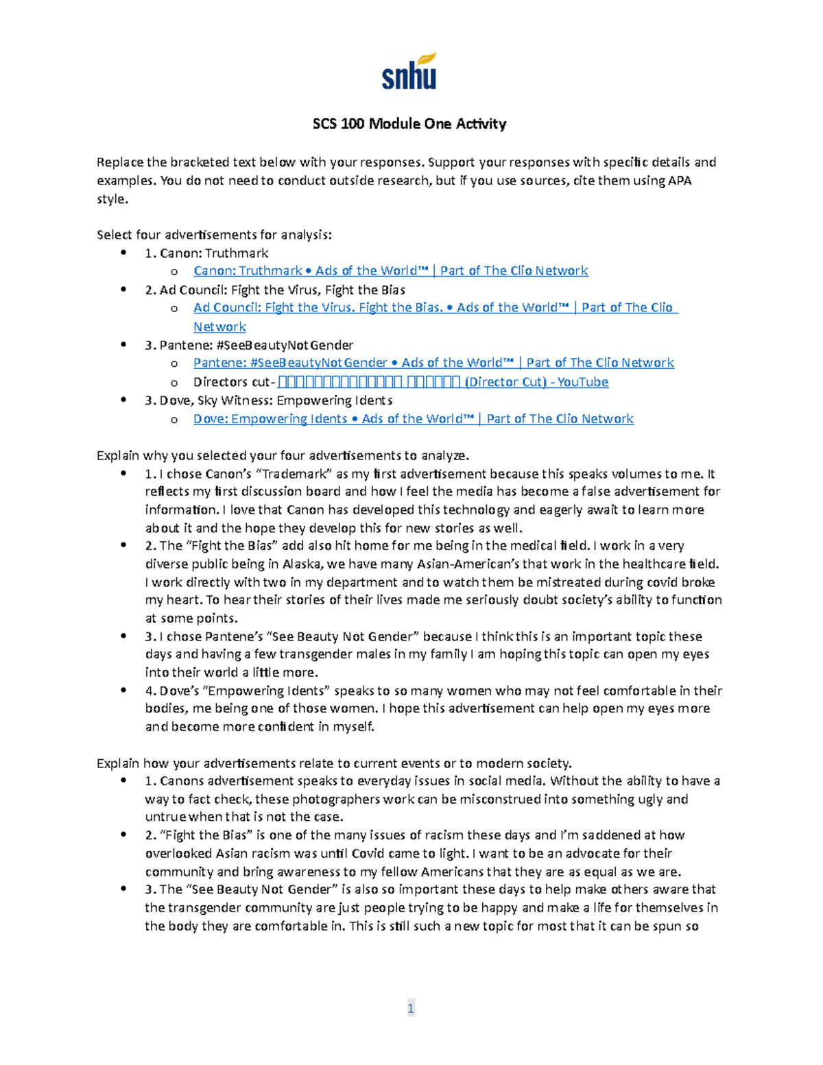 SCS 100 Module One Activity Assignment- Christina Pearson - SCS 100 ...