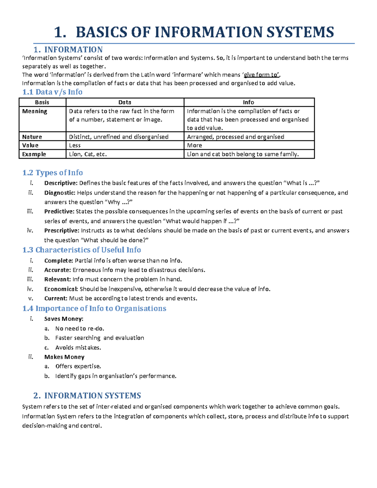 1. Introduction to IS - 1. BASICS OF INFORMATION SYSTEMS 1. INFORMATION ...