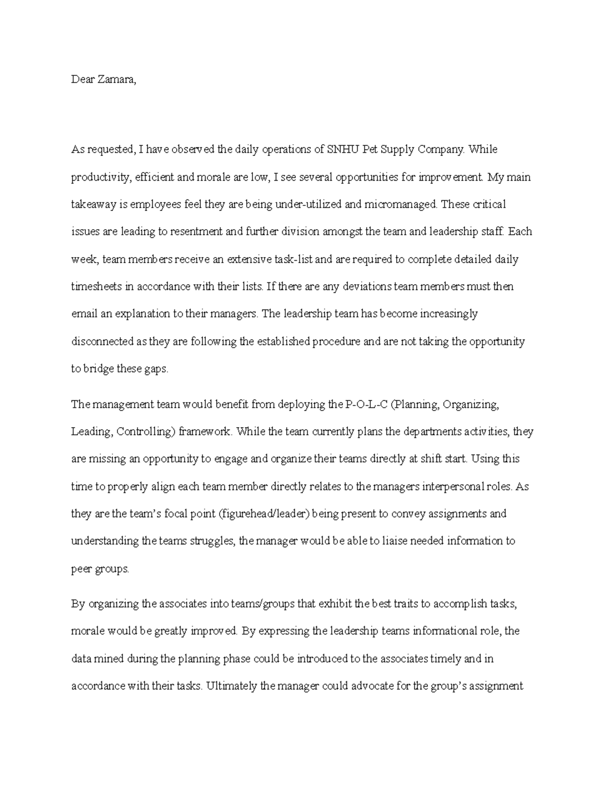 2-3 Assignment - Management Approaches - Dear Zamara, As requested, I ...