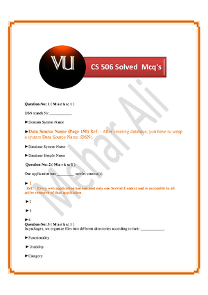 CS506 Solved Mega Quiz File with Reference - Question # 1 of 10 ( Start time: 05:50:00 AM ...