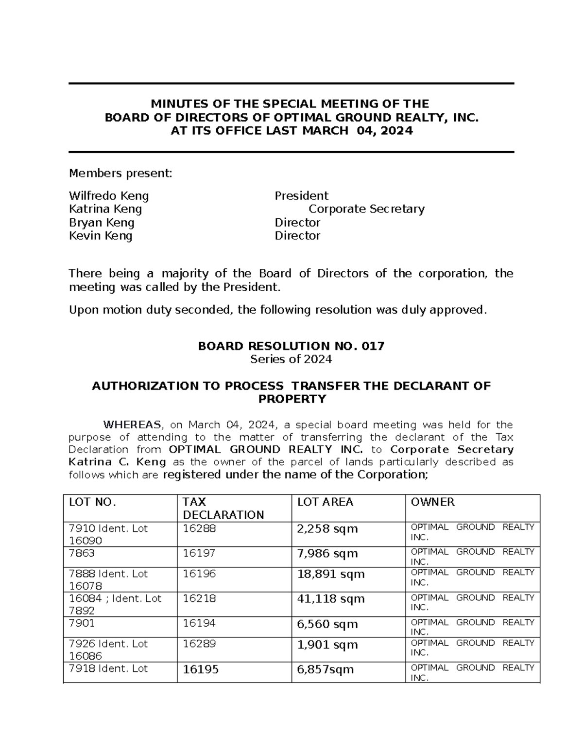 Board Resolution FOR Application OF LAND Titles 7 LOTS Cpcmc ...