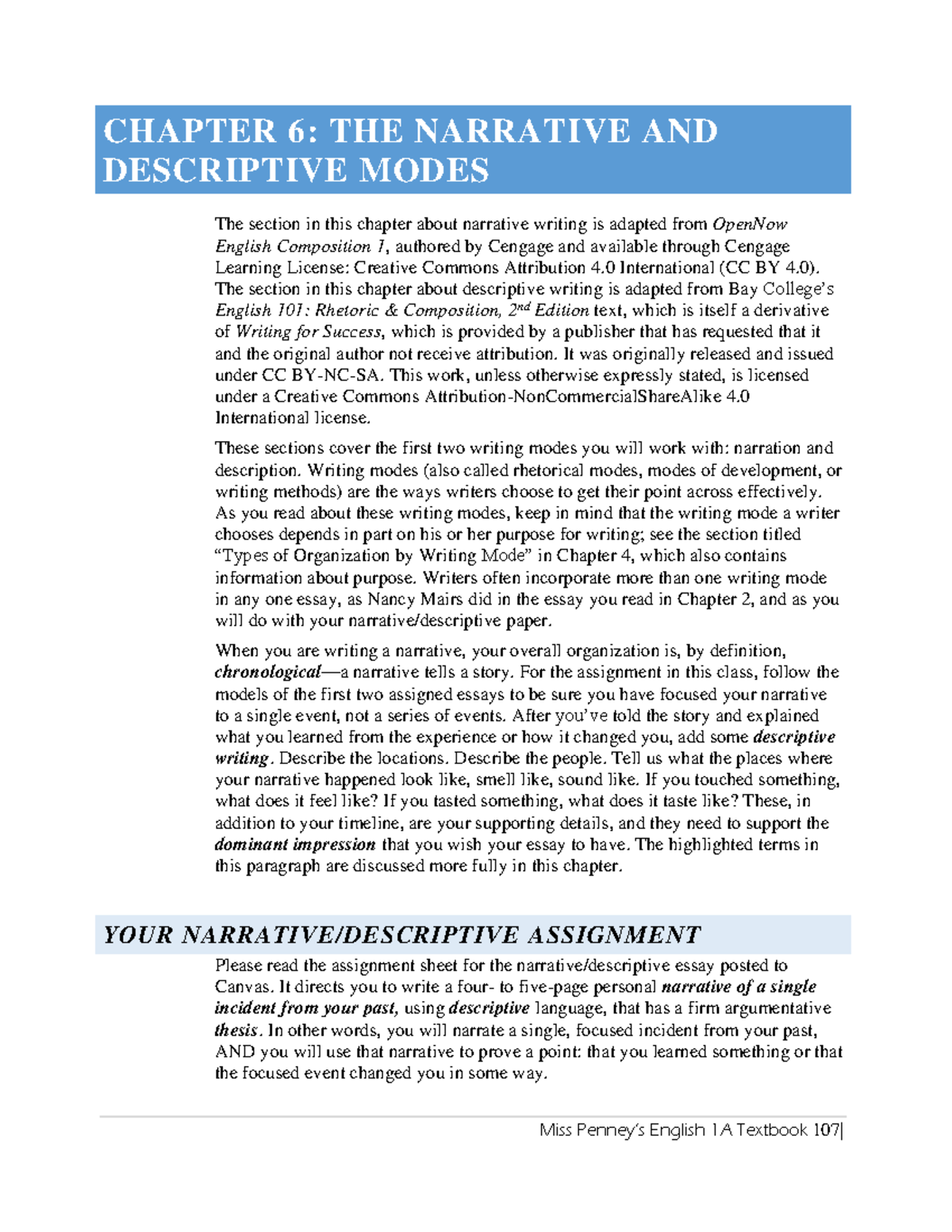 Chapter 6 The Narrative and Descriptive Modes pp. 107-122 - CHAPTER 6 ...
