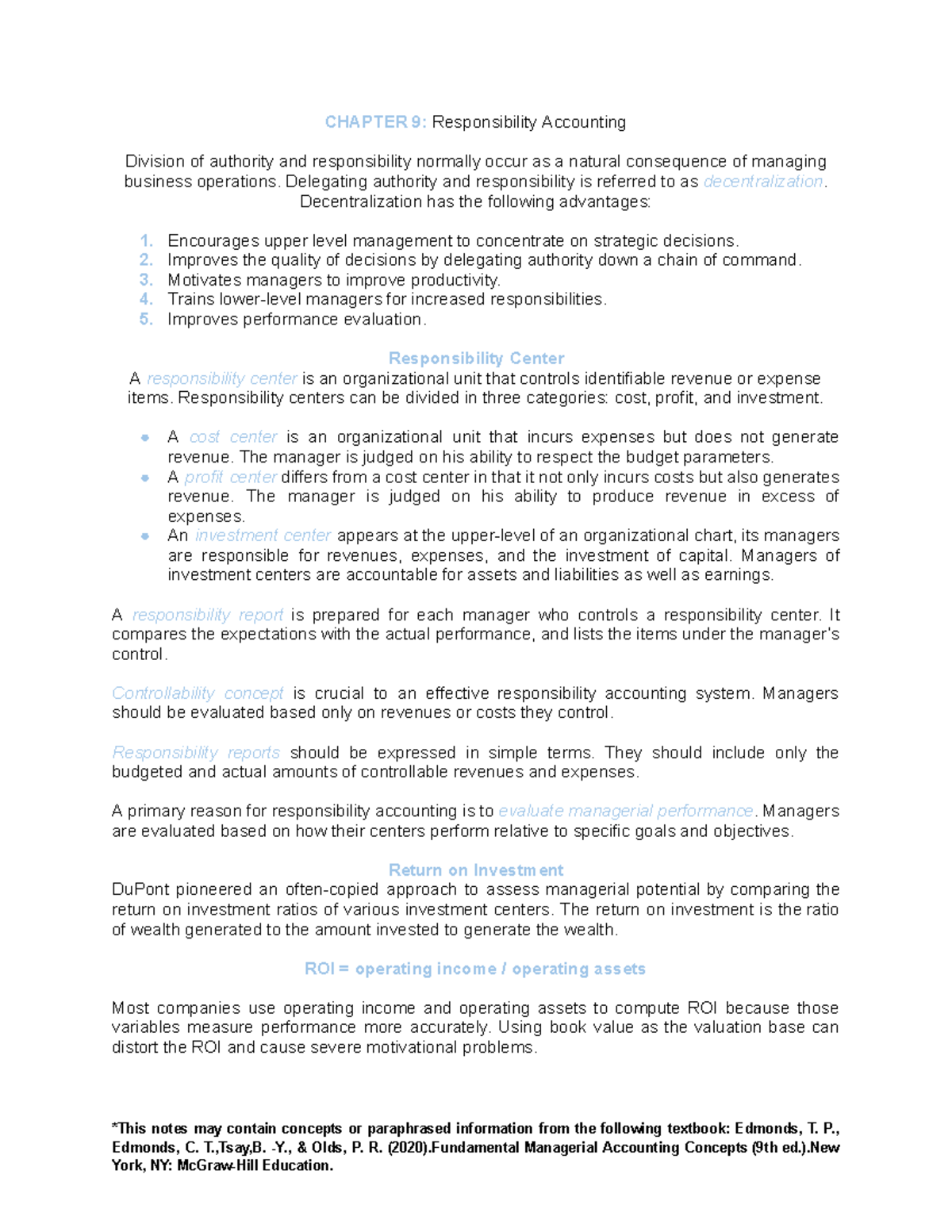 Principles of Managerial Accounting CH 9 Notes - CHAPTER 9 ...