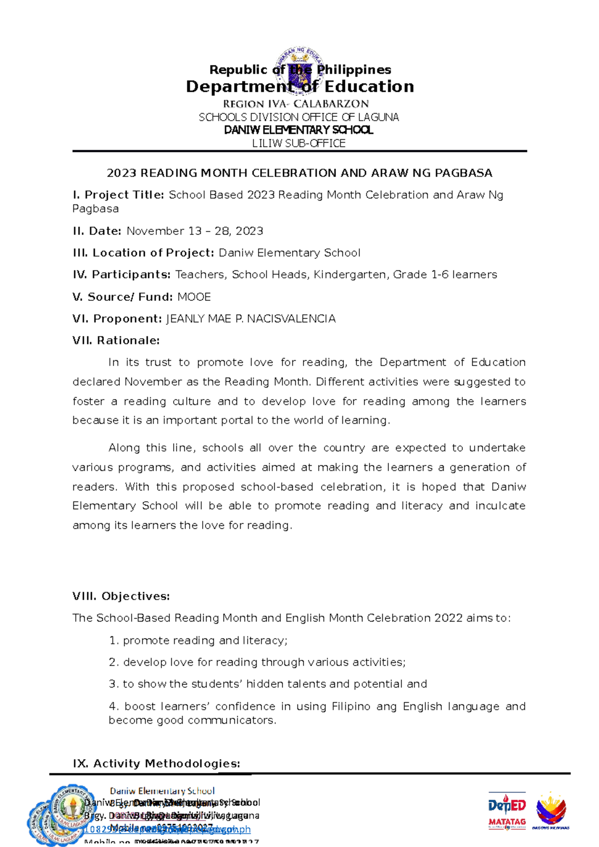 Action PLAN IN Reading Month 2023 - Republic of the Philippines ...