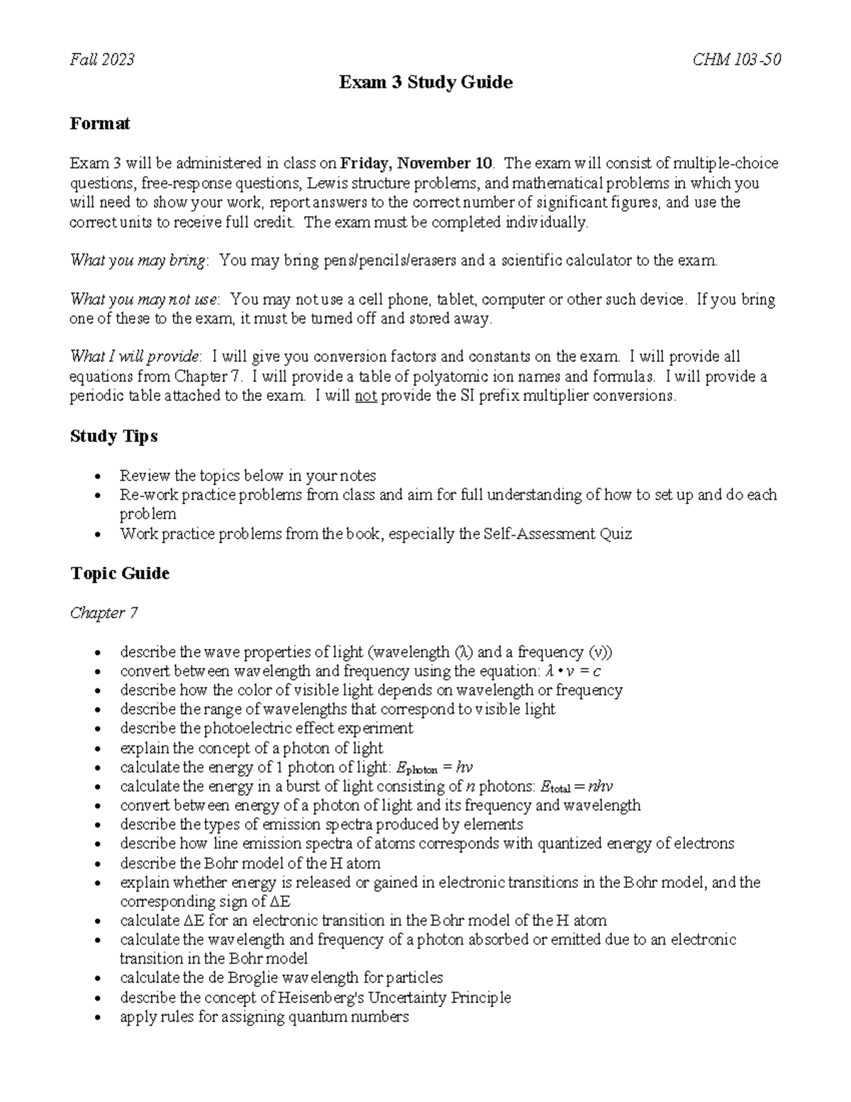 Exam 3 Study Guide F23 - Chem 103 exam 3 outline - Fall 2023 CHM 103 ...