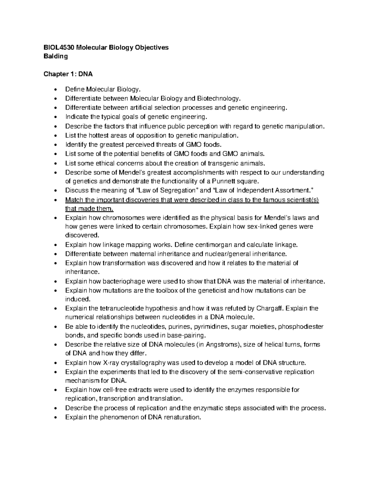 BIOL4530 Ch 1-3 Objectives - BIOL4530 Molecular Biology Objectives ...