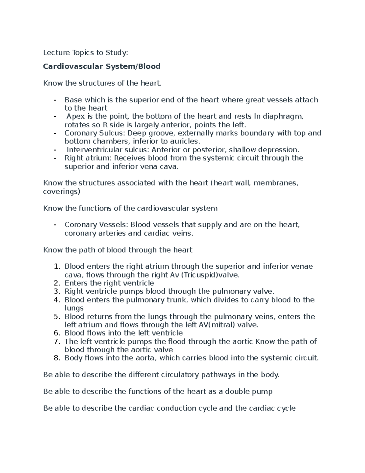 Study guide midterm ap 2 - Lecture Topics to Study: Cardiovascular ...