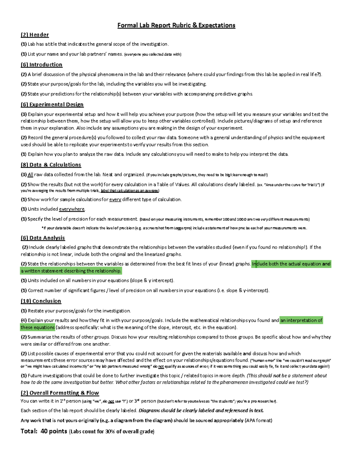 Physics lab report rubric - Formal Lab Report Rubric & Expectations (2) Header (1) Lab has a ...
