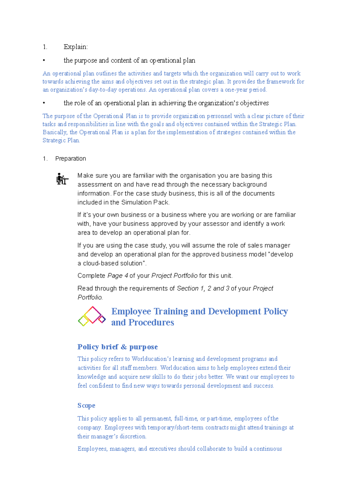 Bsb 300 - thhhh - 1. Explain: the purpose and content of an operational ...