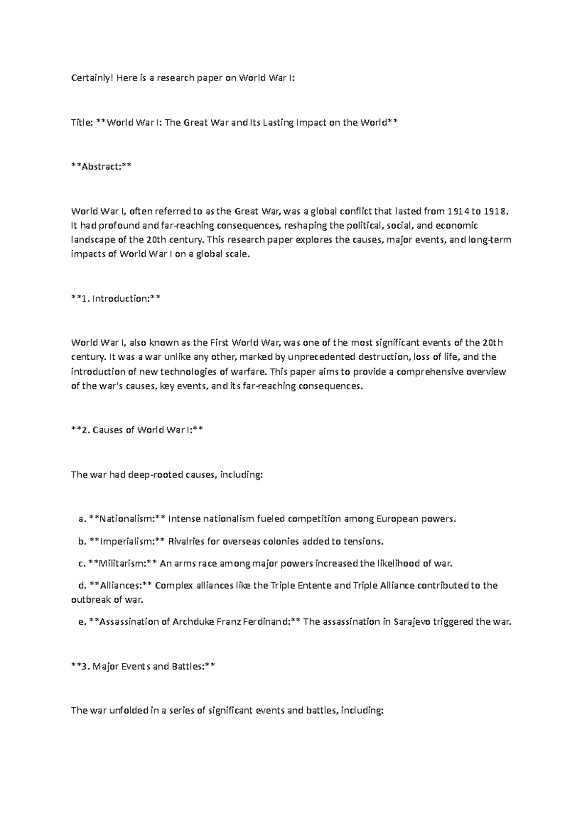 WWII - good notes - Certainly! Here is a research paper on World War I ...