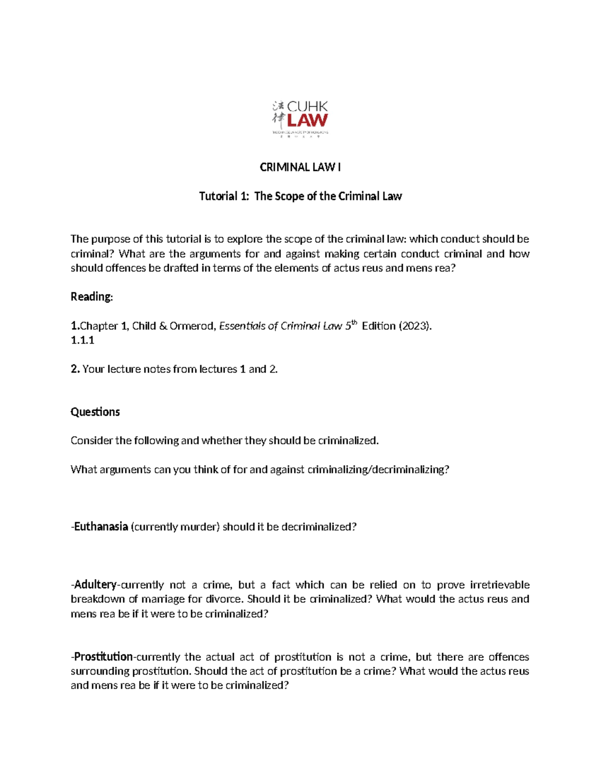 2024-25 LLB Criminal Tutorials - CRIMINAL LAW I Tutorial 1: The Scope ...