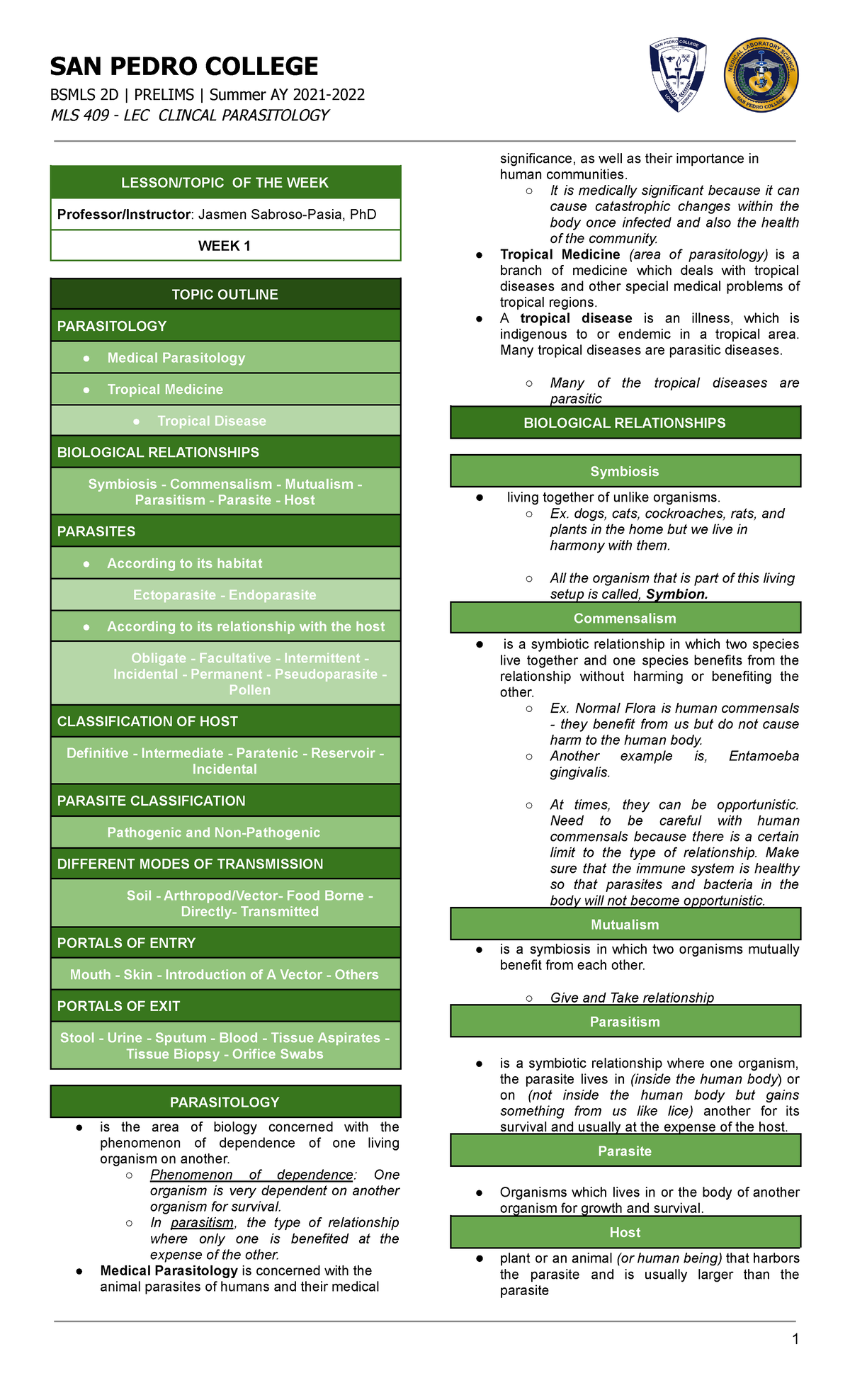 WEEK 1 Intro TO Parasitology - SAN PEDRO COLLEGE BSMLS 2D | PRELIMS ...