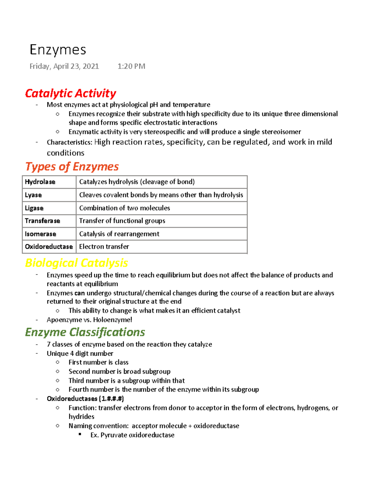 Biochem Enzymes - Lecture notes Week 4 Lecture 1 - 153A - UCLA - Studocu