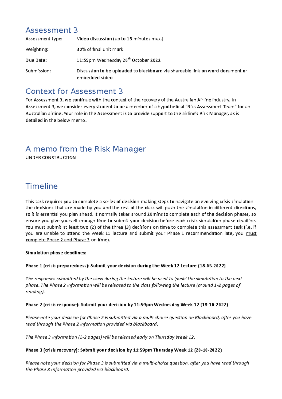 MGB236 S2 2022 Assessment 3 Task Overview - Assessment 3 Assessment ...