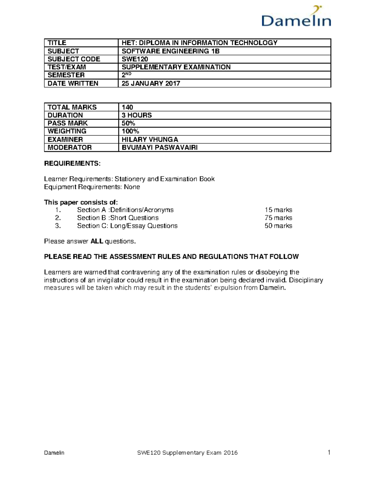 Software Engineering 1B Supp Exam - TITLE HET: DIPLOMA IN INFORMATION ...