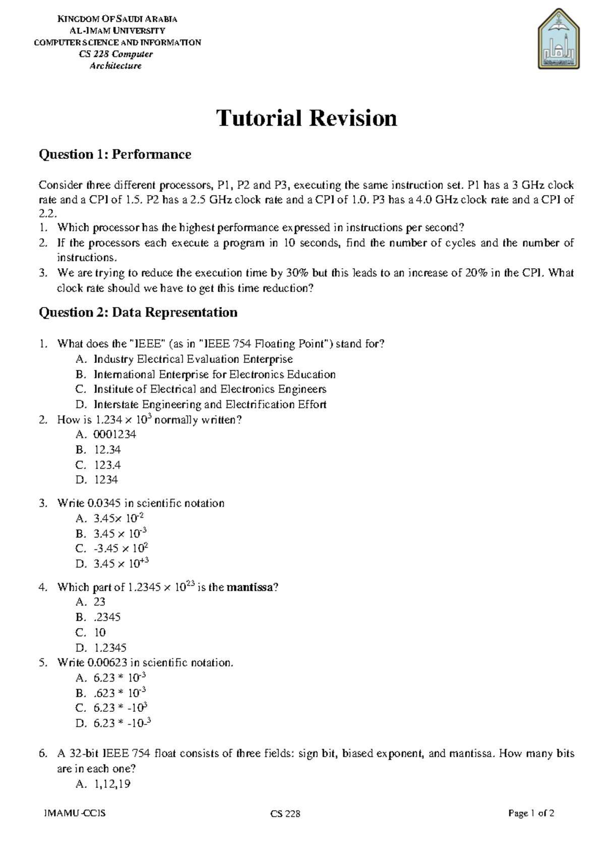 Tutorial Revision CS228 - IMAMU-CCIS CS 228 Page 1 of 2 KINGDOM OF ...