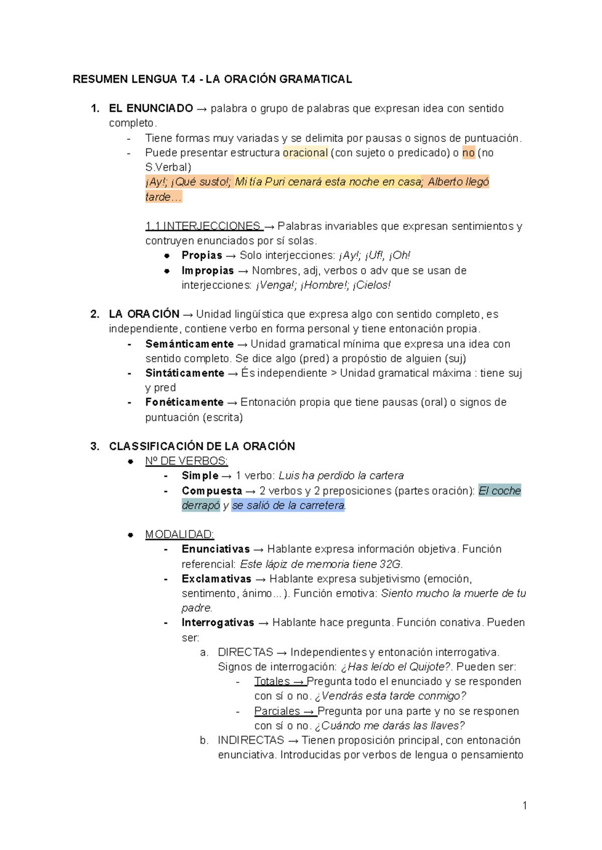 Resumen Lengua tipos oración - RESUMEN LENGUA T - LA ORACIÓN GRAMATICAL ...