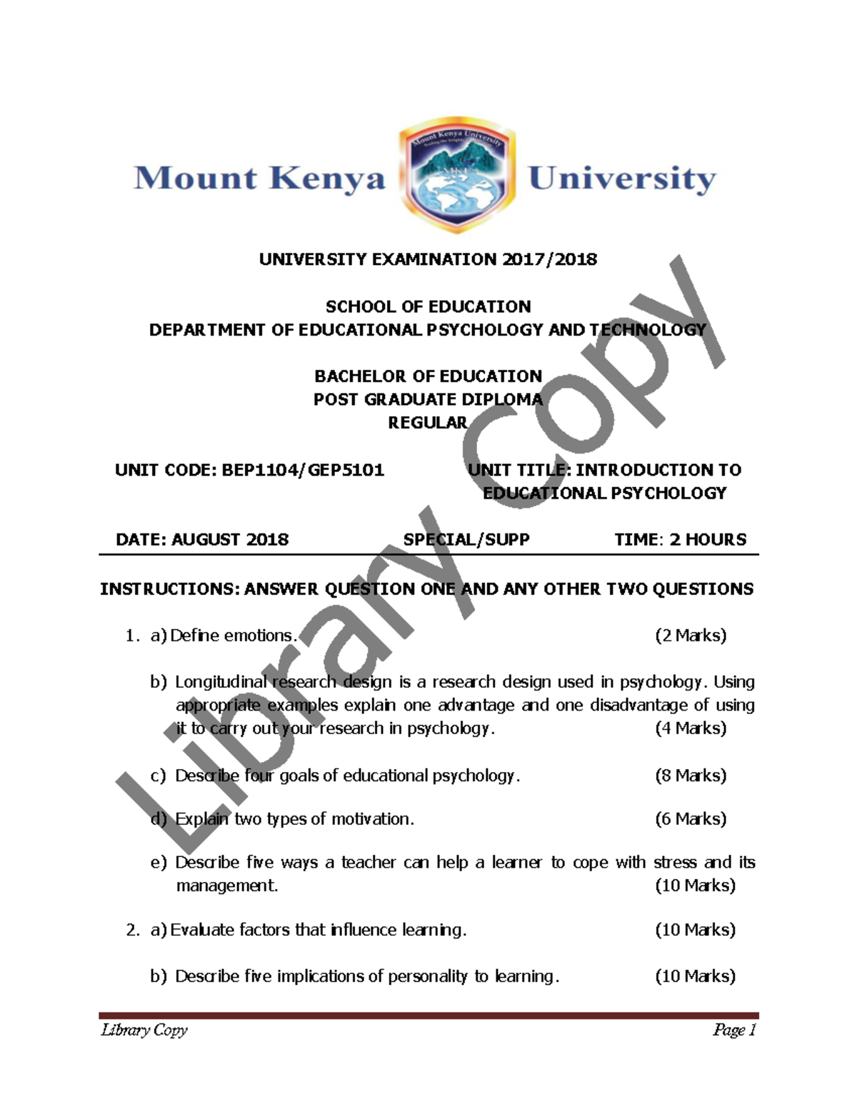 Bep1104 Gep5101 Introduction To Educational Psychology Reg Supp Library Copy Page 1 University