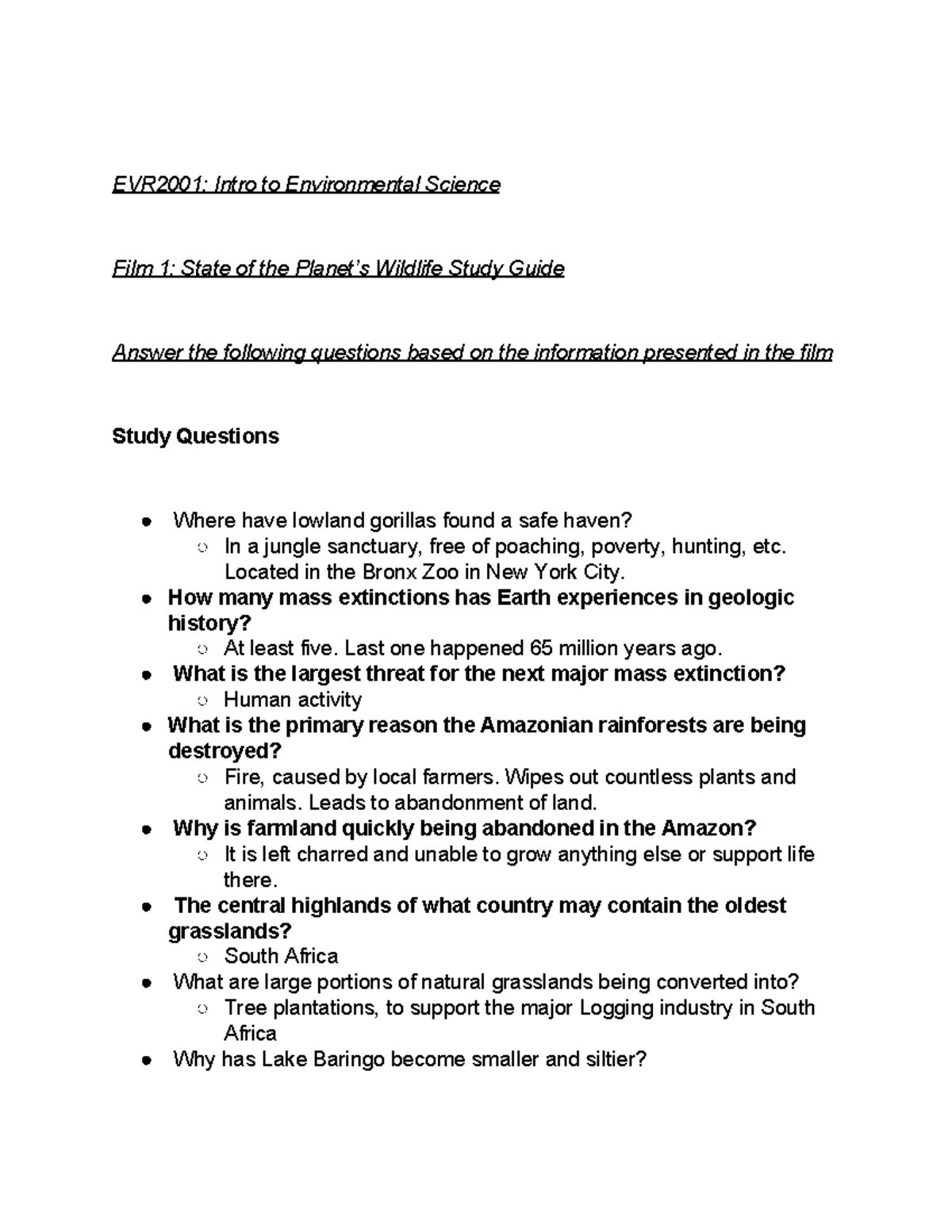 EVR FILM 1 Study Guide - EVR2001: Intro to Environmental Science Film 1 ...