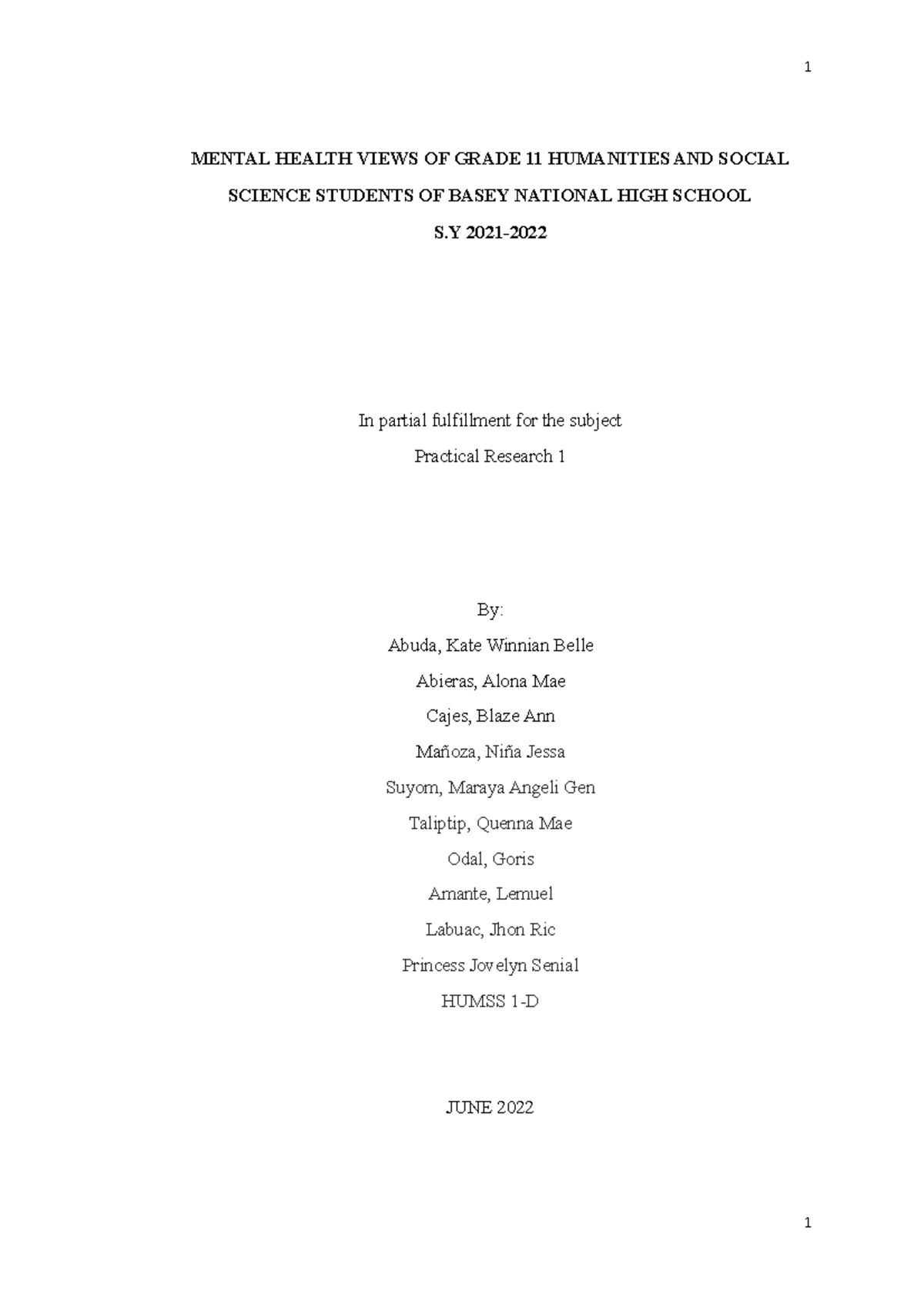 Pra Ctical r Esear Ch CHApter 1 TO 3 - MENTAL HEALTH VIEWS OF GRADE 11 ...