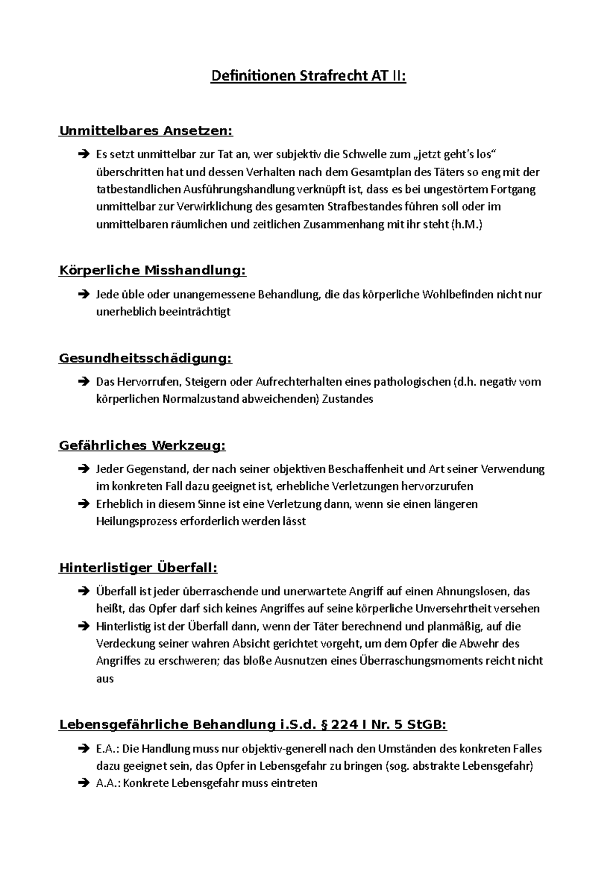 Definitionen Strafrecht AT II - Definitionen Strafrecht AT II: Unmittelbares Ansetzen: Es setzt ...