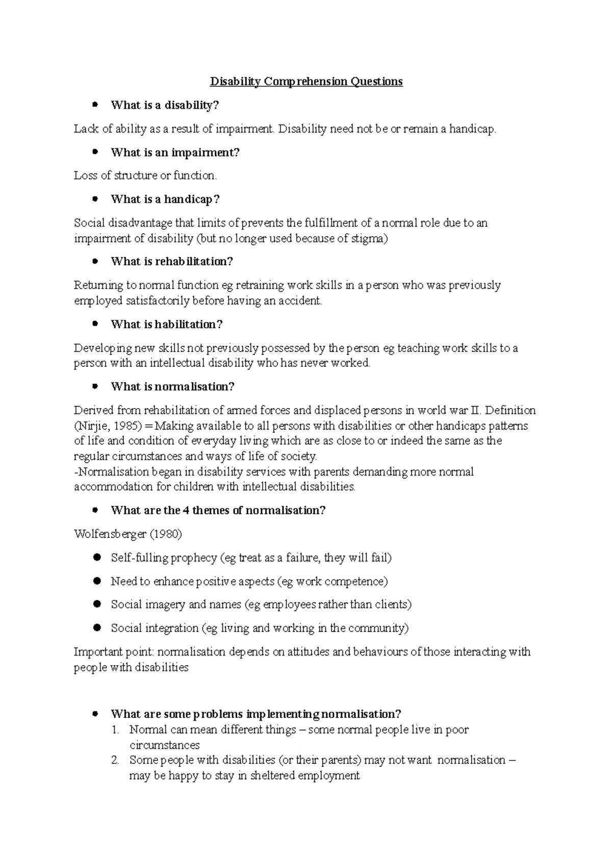 Comprehension questions Disability - Disability Comprehension Questions ...