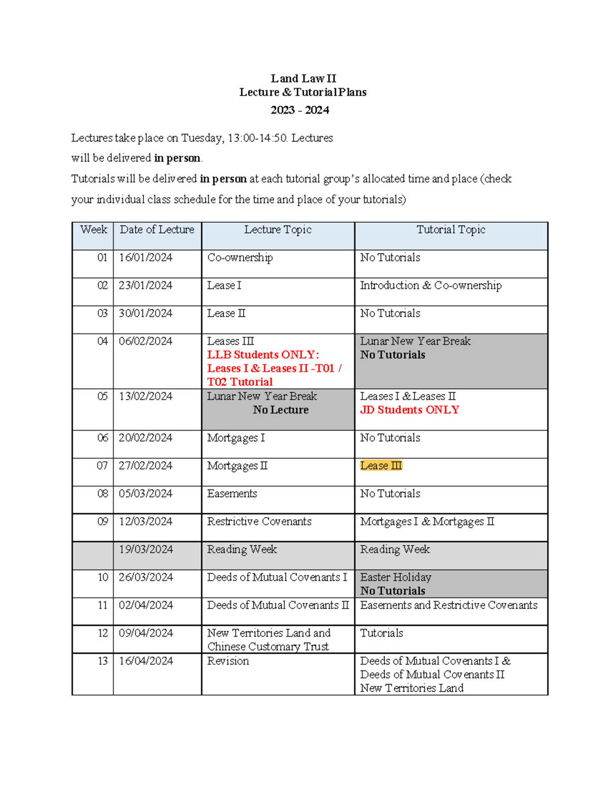 Land Law II Lecture 2023-2024 - Land Law II Lecture & Tutorial Plans 2023 - 2024 Lectures take ...