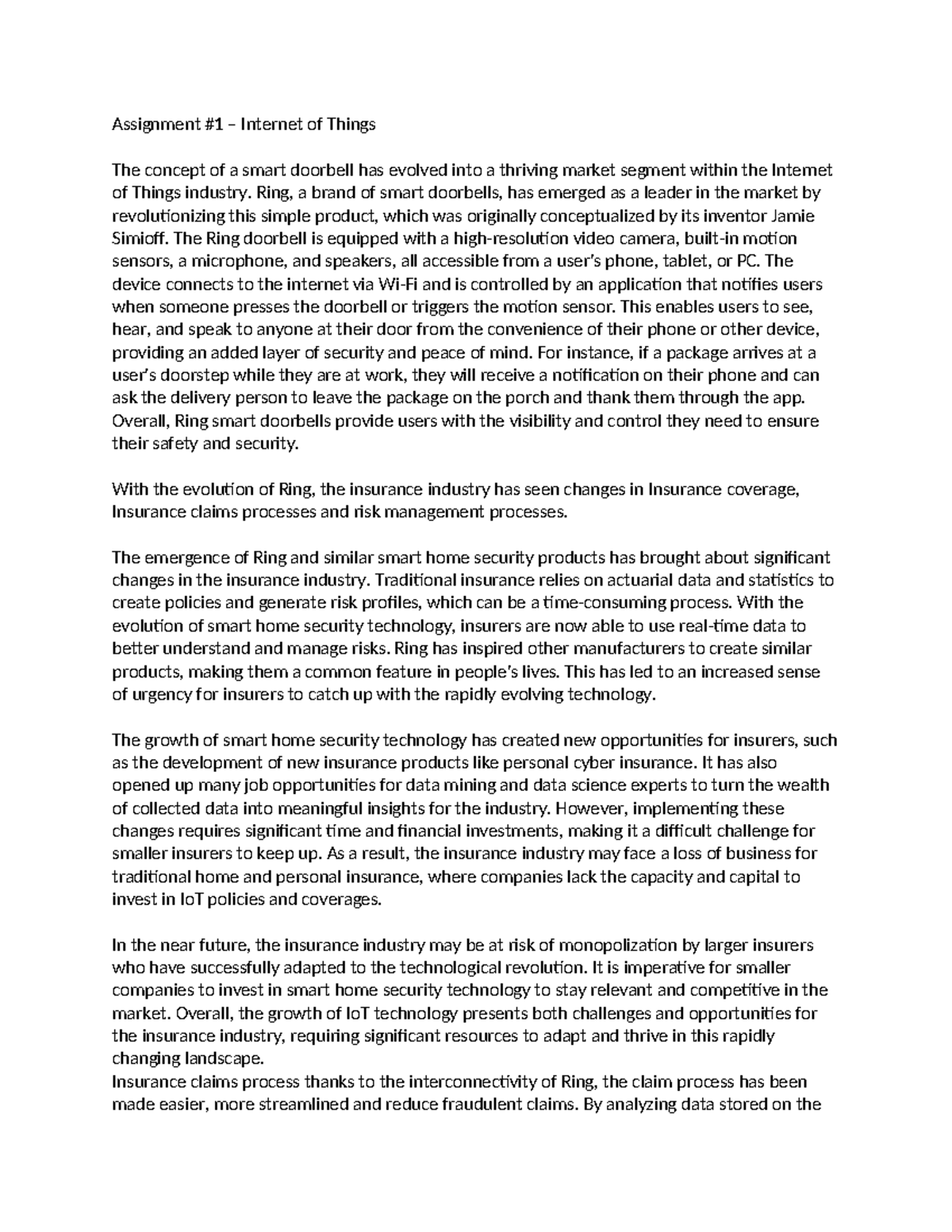 Assignment #1 - Assignment #1 – Internet of Things The concept of a ...