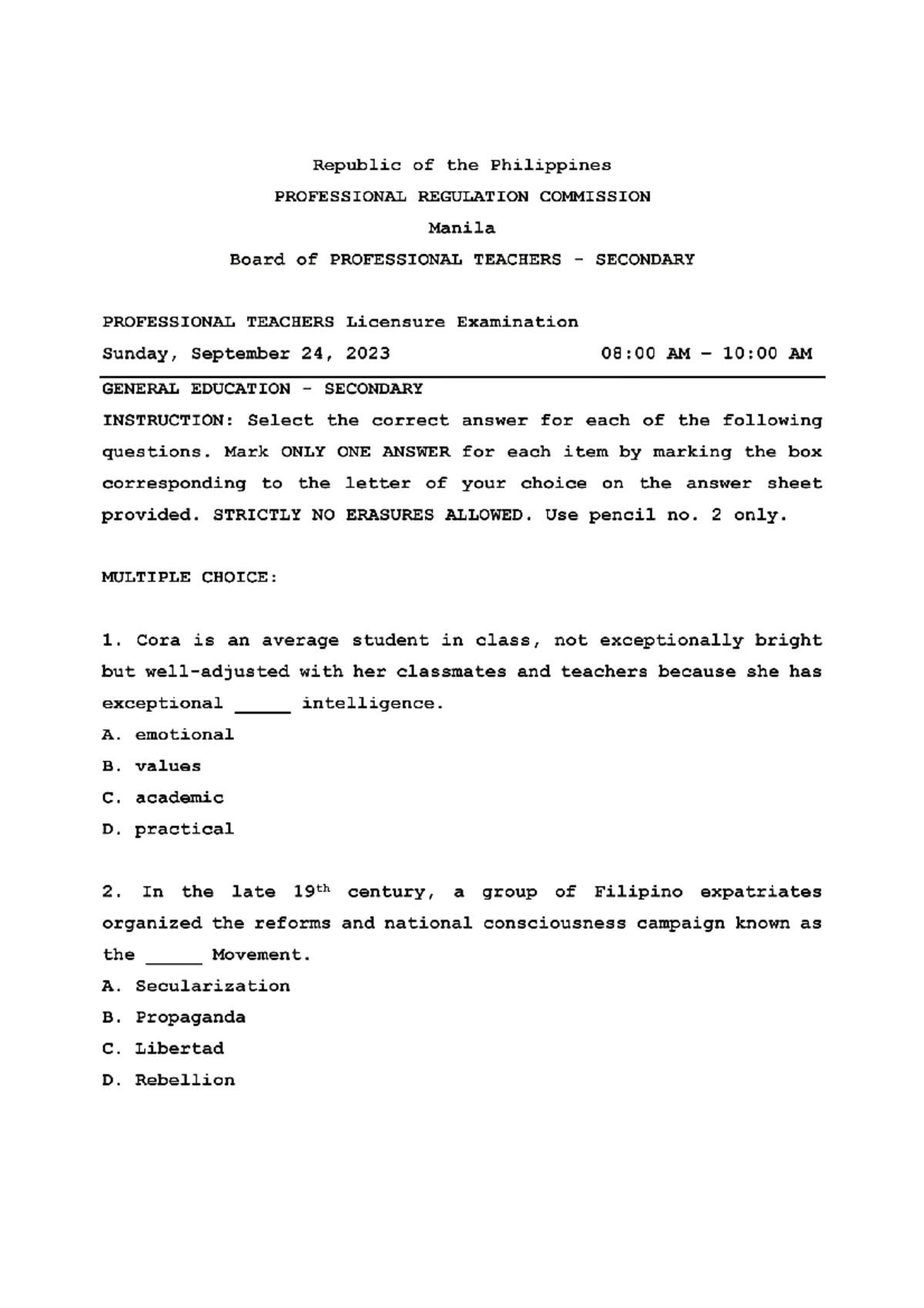LET Actual EXAM September 2023 GEN ED - Republic of the Philippines ...