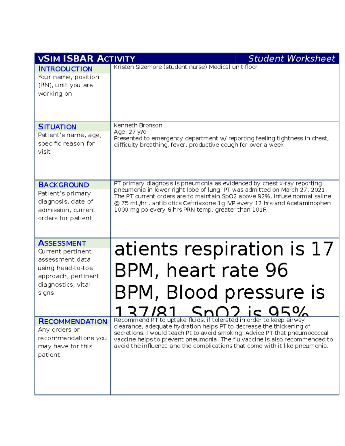 Kenneth Bronson - VSIM ISBAR ACTIVITY Student Worksheet INTRODUCTION ...