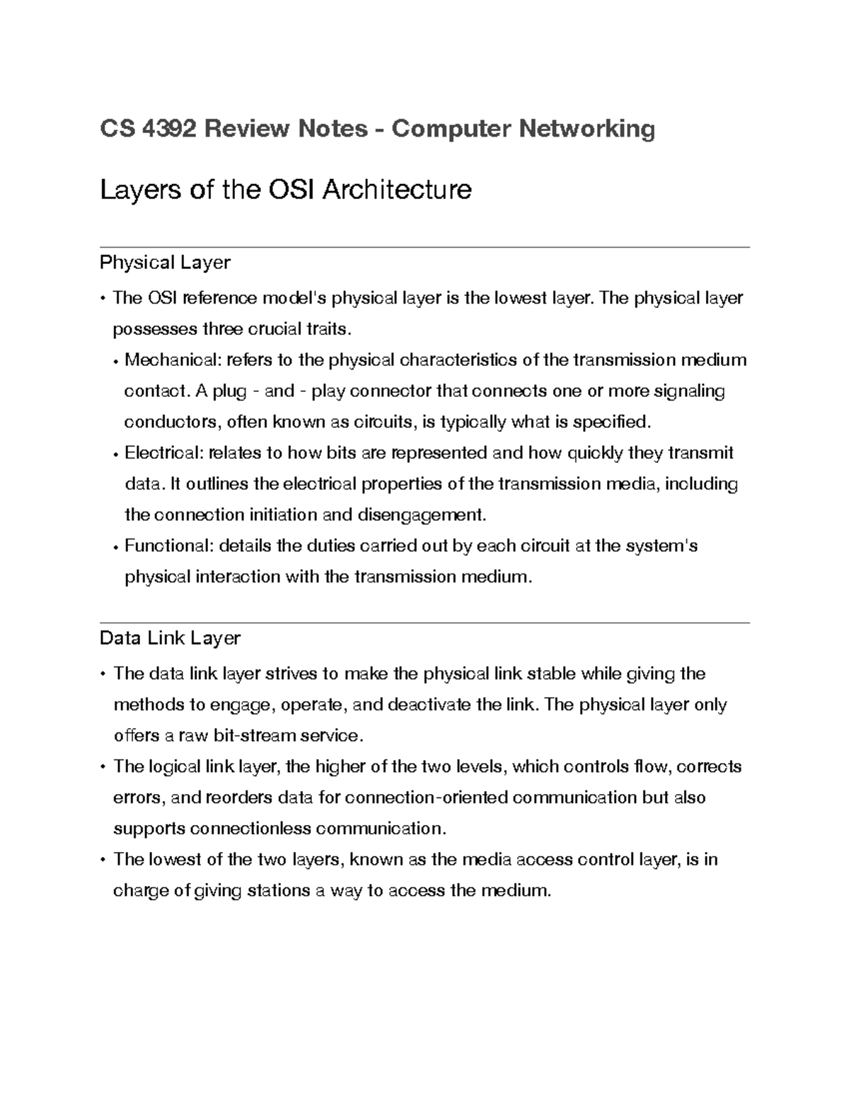 CS 4392 Notes - Layers of OSI - CS 4392 Review Notes - Computer ...
