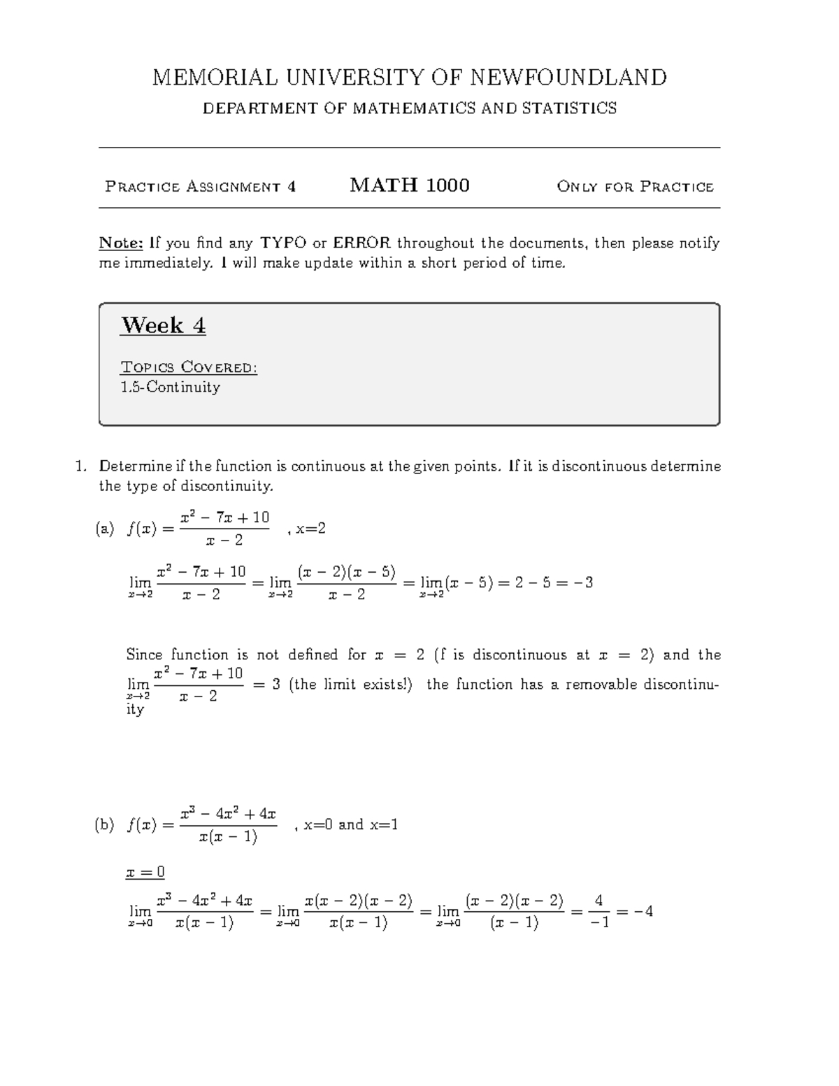 Practice assignment 4 solutions - MEMORIAL UNIVERSITY OF NEWFOUNDLAND ...