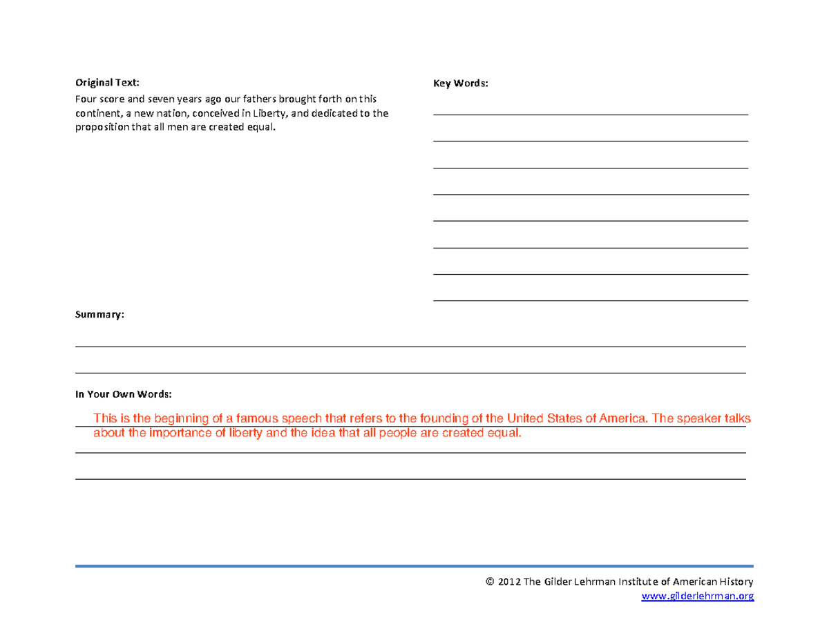 Gettysburg Address Analysis Graphic Organizer Student Copy - © 2012 The ...