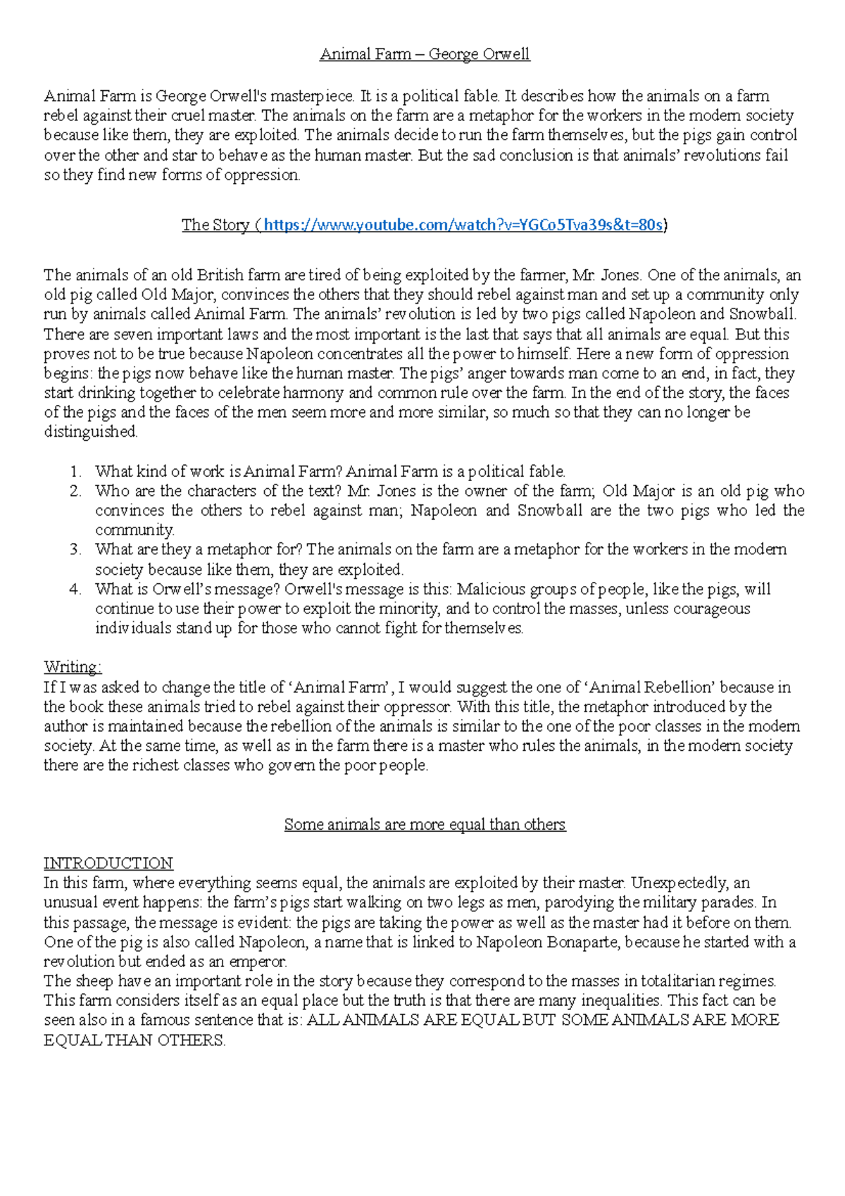 Animal Farm - It is a political fable. It describes how the animals on ...