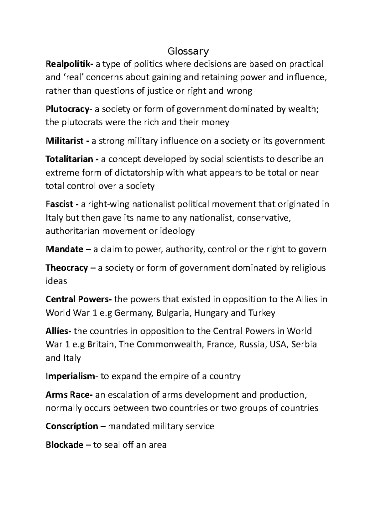 Modern Glossary - Glossary Realpolitik- a type of politics where ...