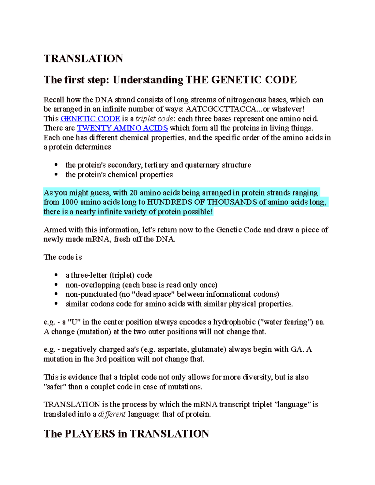 Lecture 12 - TRANSLATION The first step: Understanding THE GENETIC CODE ...
