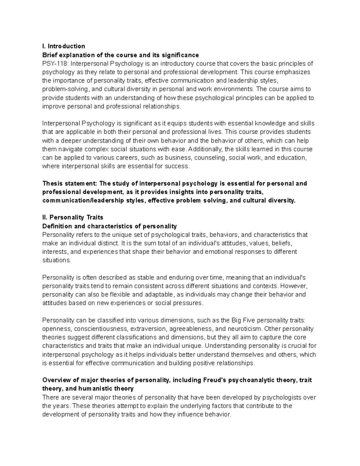 PSY-118 Interpersonal Psychology Notes - I. Introduction Brief ...