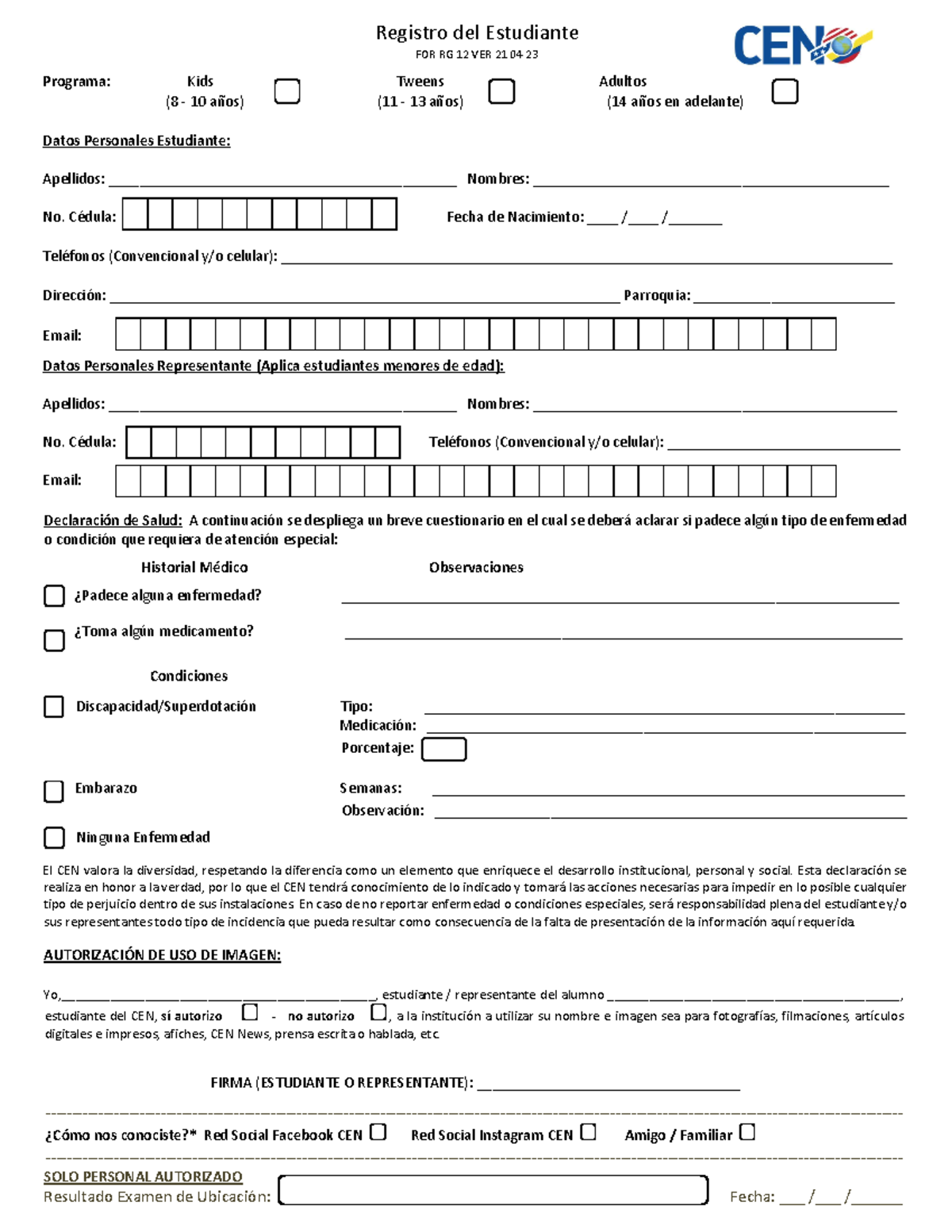 FOR RG 12 VER 26 04 23 Hoja de Registro Estudiante - CEN - Registro del Estudiante FOR RG 12 VER ...