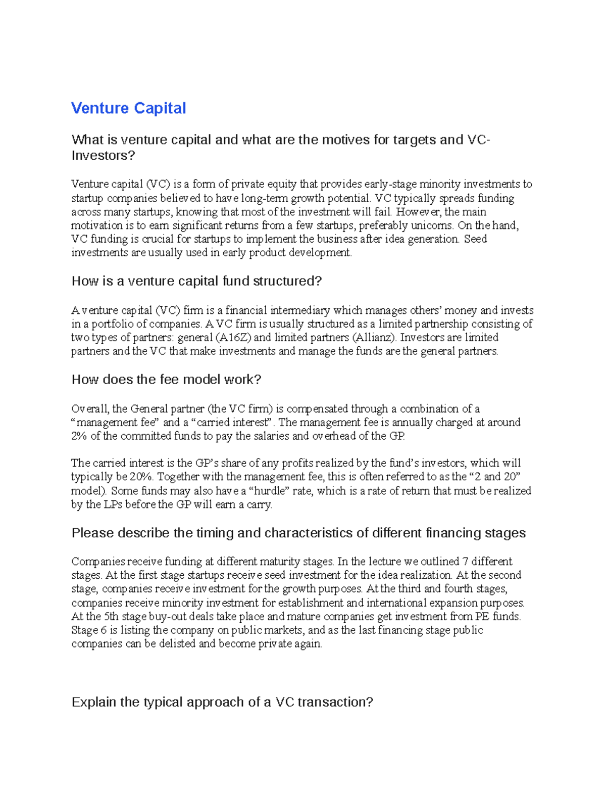 Example Questions - Sommersemester - Venture Capital What is venture ...