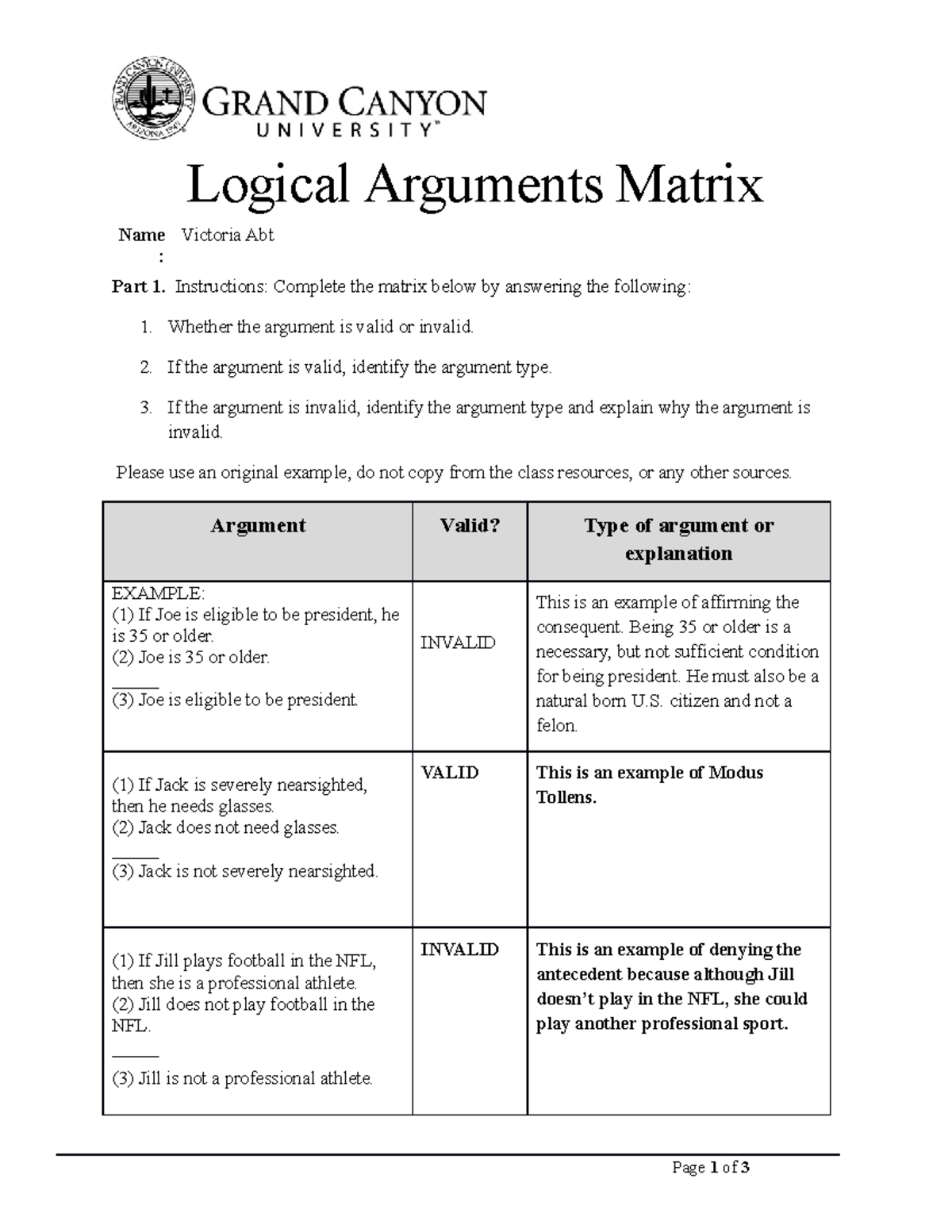 Philosophy -103-RS-T1Logical Arguments Matrix - Logical Arguments ...