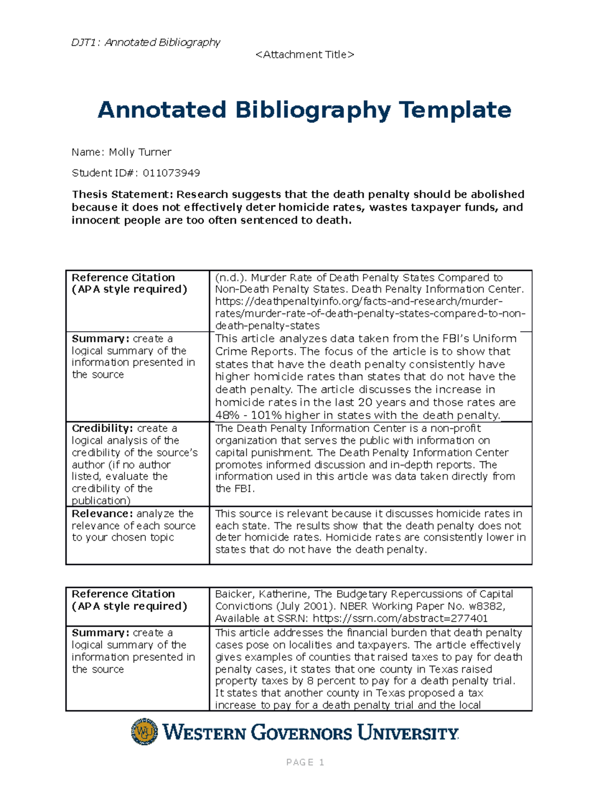 Annotated Bibliography Task 1 - Annotated Bibliography Template Name ...