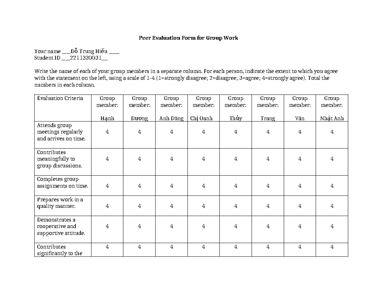 Peer Evaluation Form for Group Work - For each person, indicate the ...