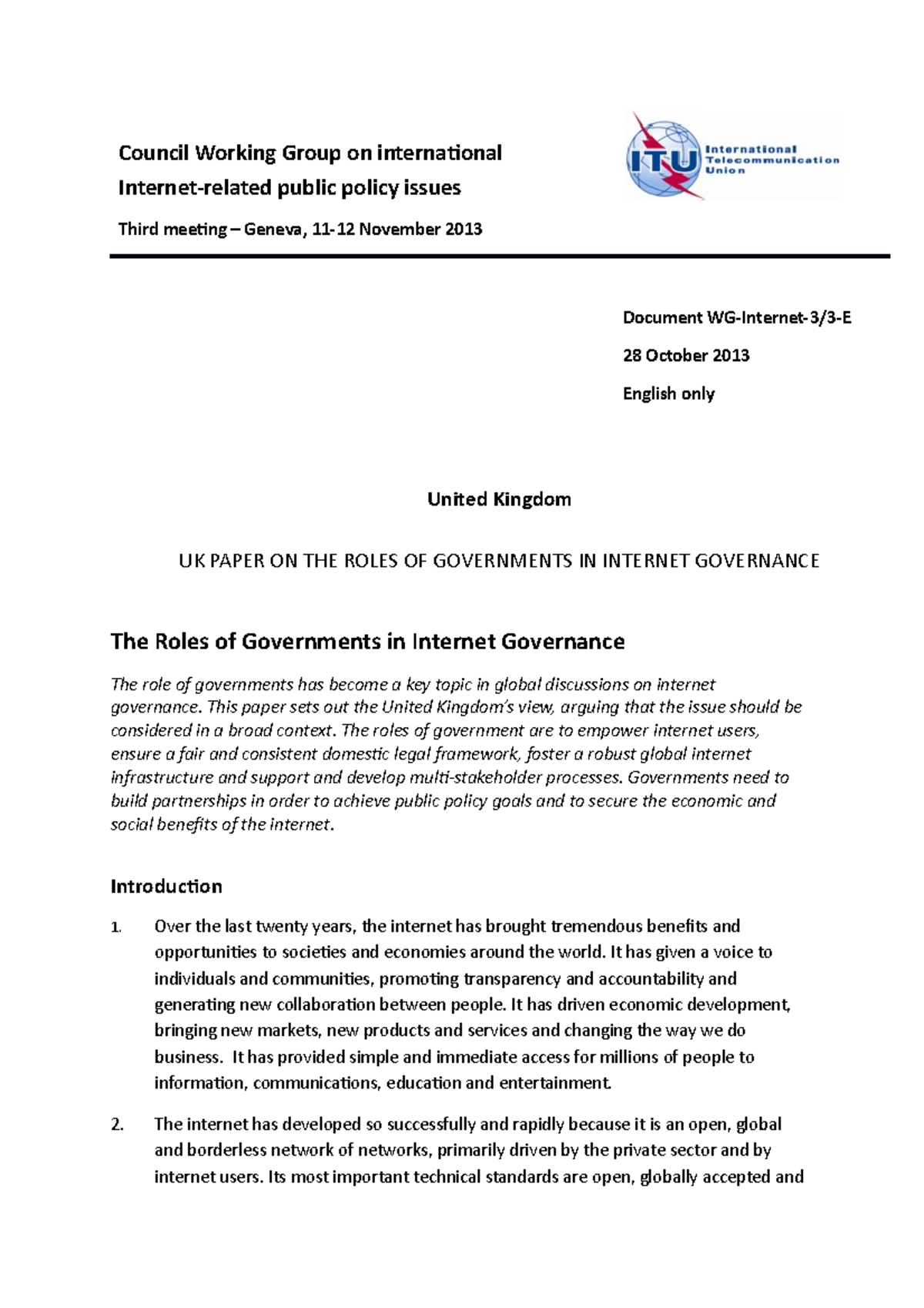 UK Paper ON THE Roles OF Governments IN Internet Governance - Council ...